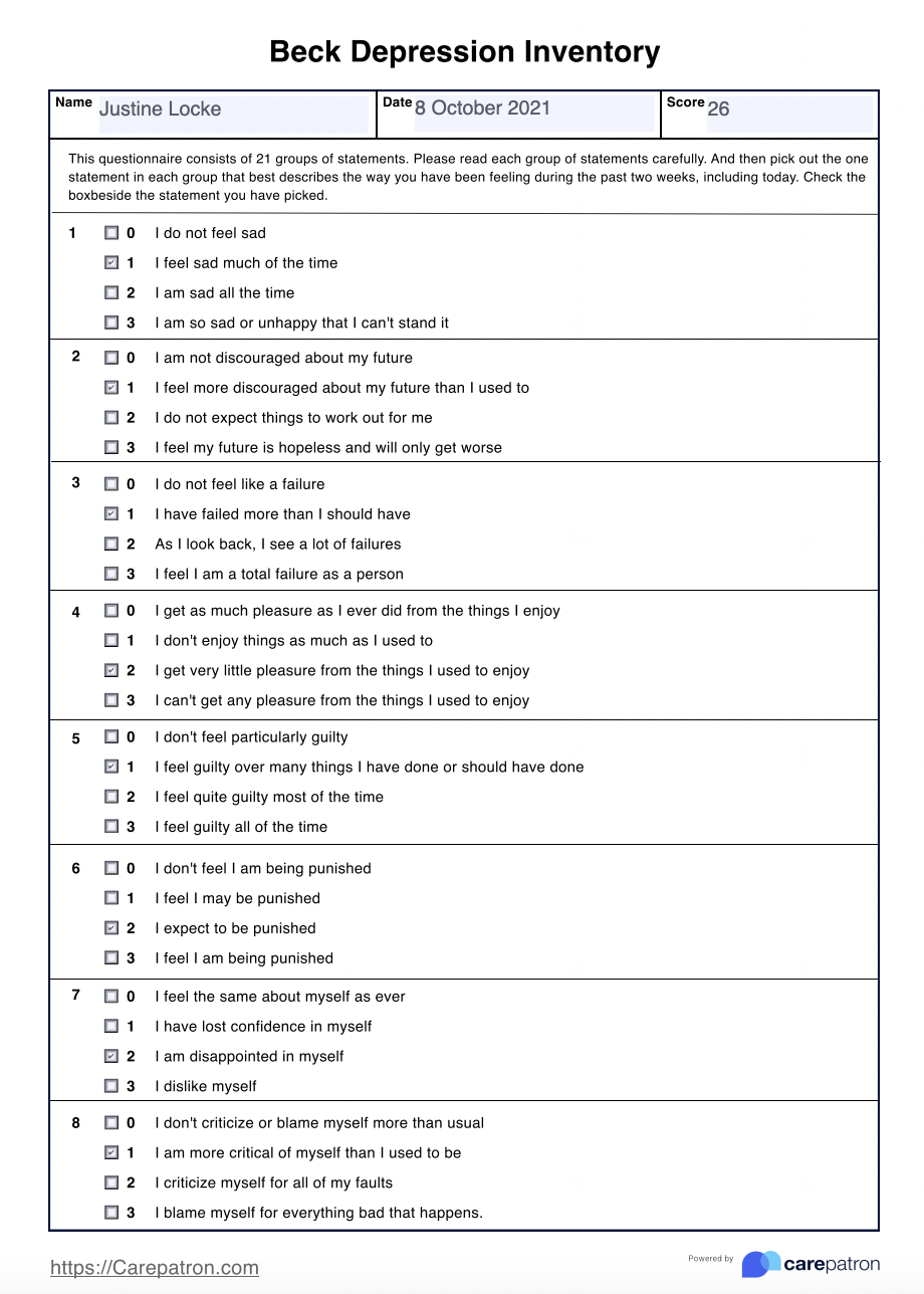 Beck Depression Inventory Example Free PDF Download Beck Depression Inventory Example Free PDF Download